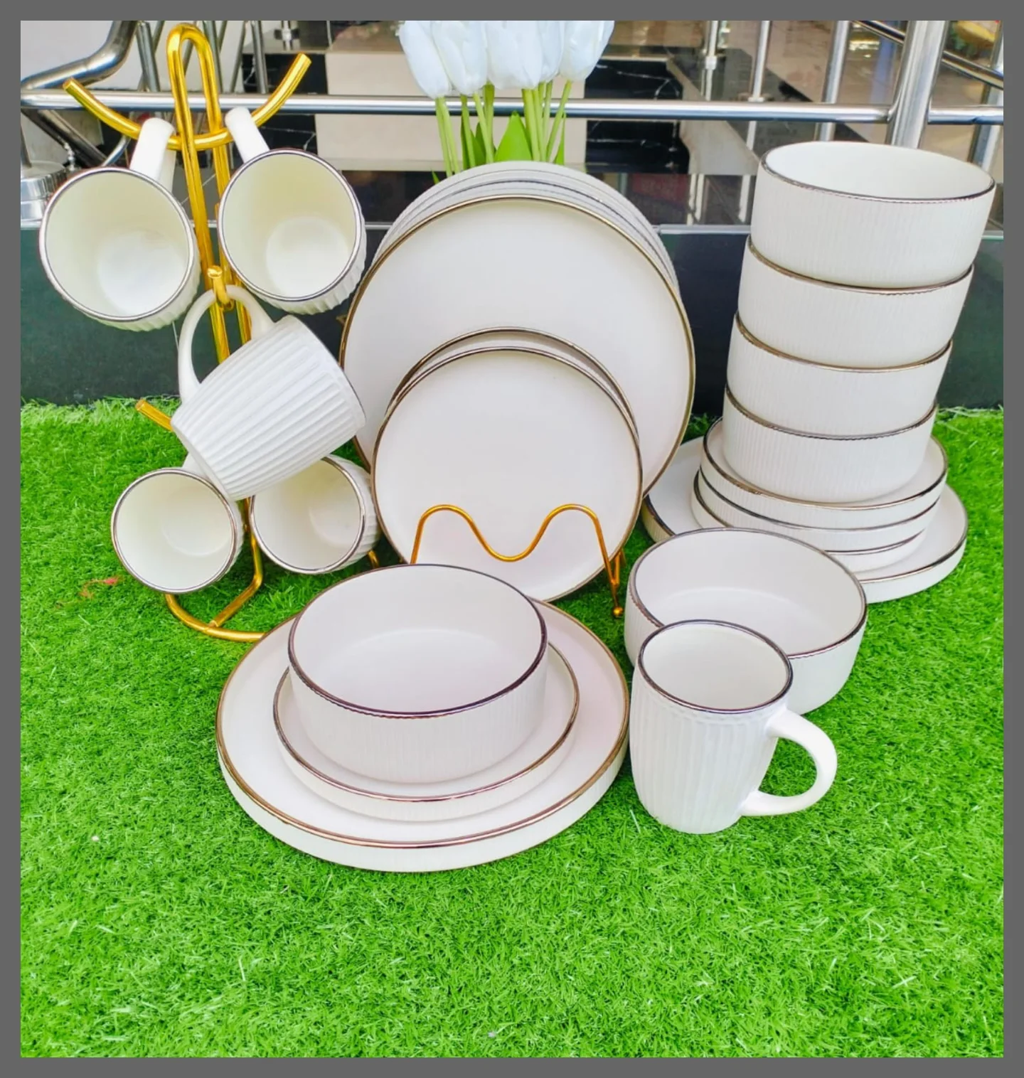 24Pcs cream dinner set with gold rim - Patamore.co.ke